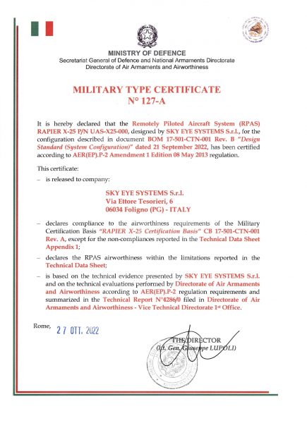 ACHIEVEMENT: RAPIER X-25 MILITARY TYPE CERTIFICATE (MTC)